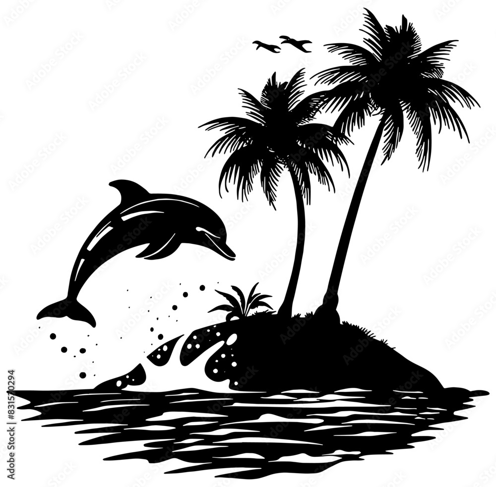 silhouette of a tropical island with palm trees and a dolphin jumping ...