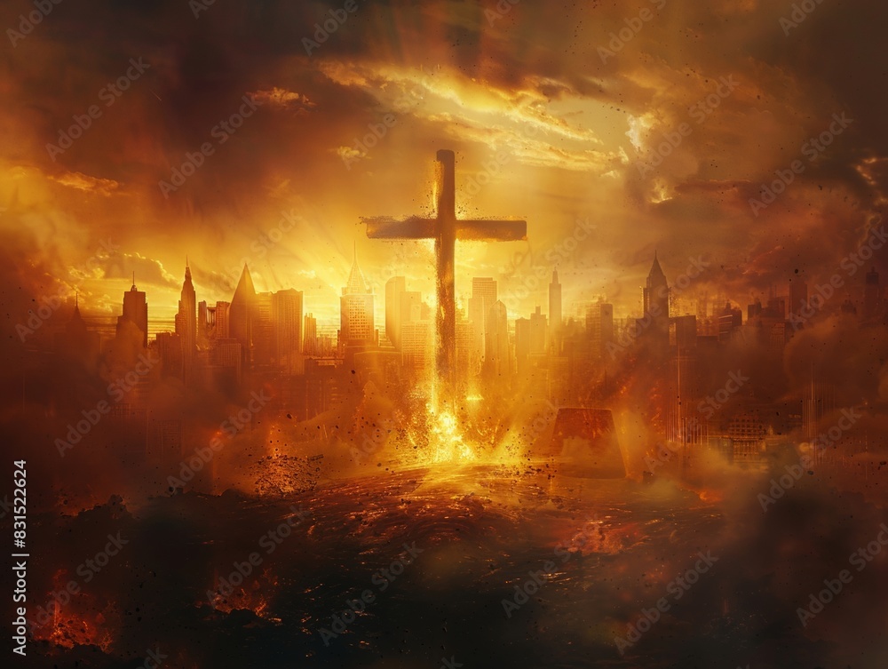 A burning Christian cross is placed against the background of a ...