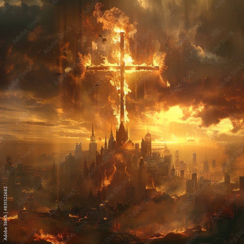 A burning Christian cross is placed against the background of a ...