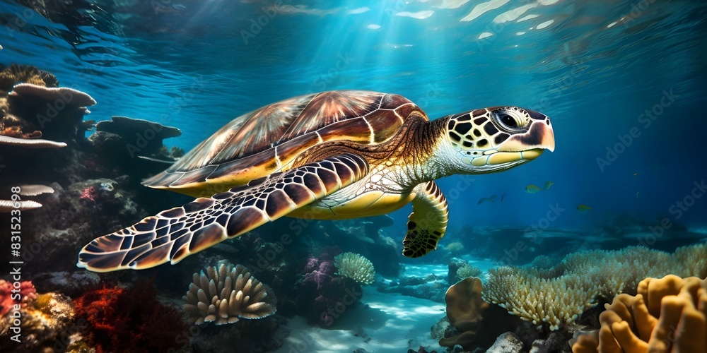 Hawksbill sea turtle endangered as it swims over Yap Island reef in the ...