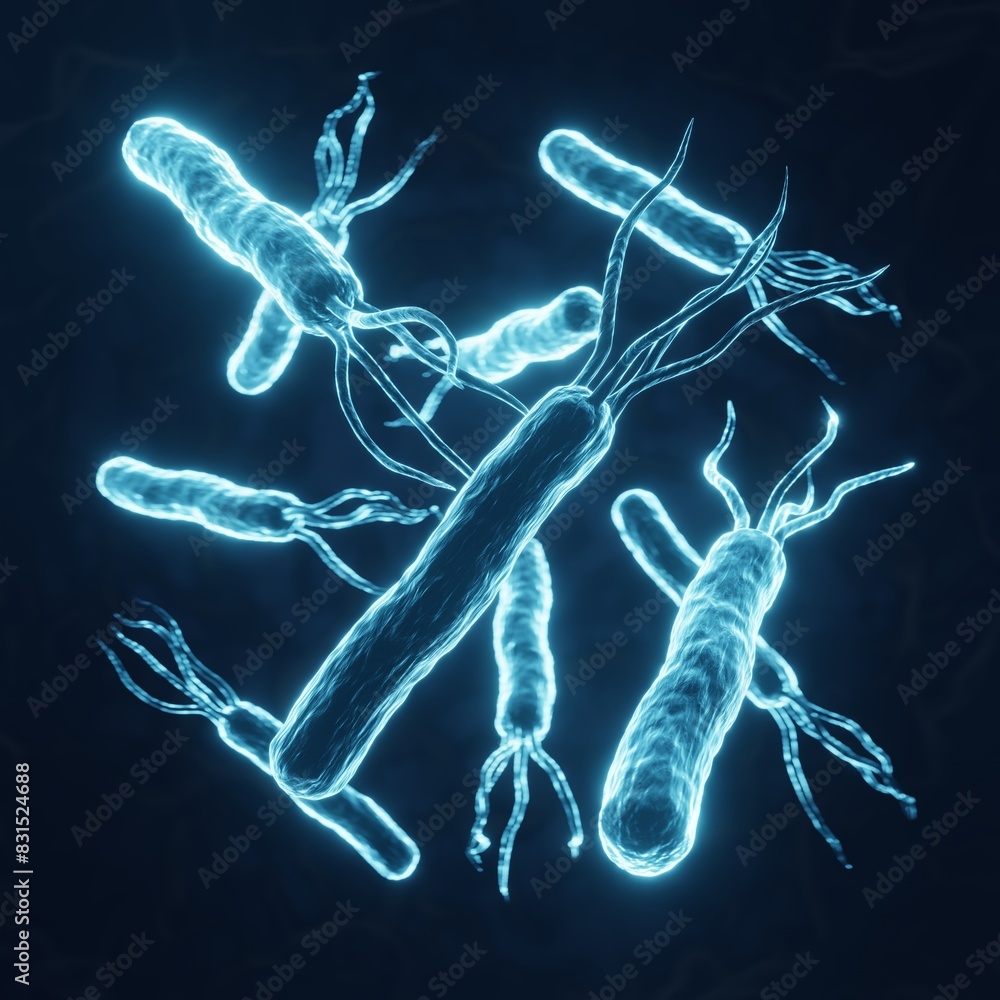 Helicobacter pylori bacteria cells on blue background. Gastritis ...