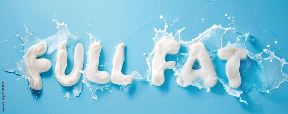 splattered milk splash, pouring white liquid flow with the text full ...