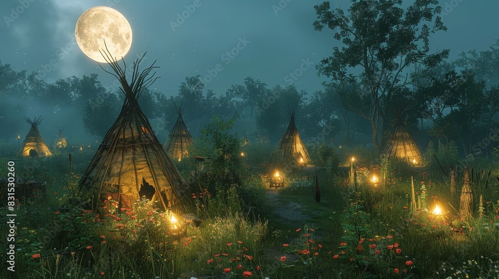 Native American village with traditional Native American teepees during ...