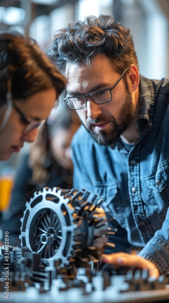 An intense brainstorming session in a design lab, with mechanical ...