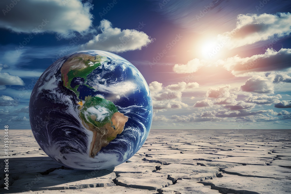 Vivid Earth representation on cracked ground beneath sunny sky ...