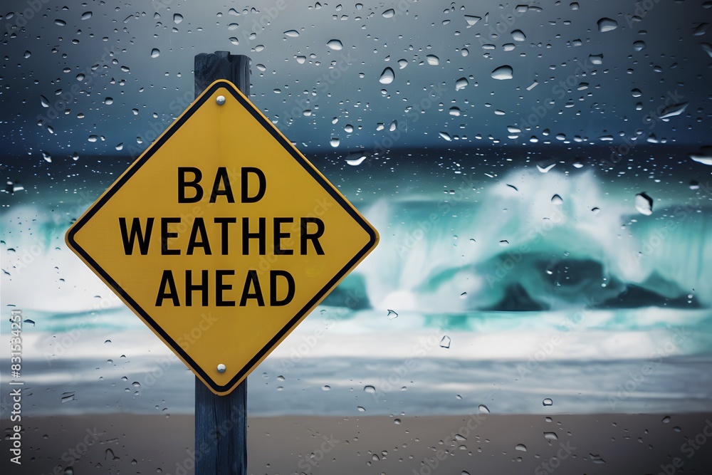 Warning sign at beach yellow diamond shape reads BAD WEATHER AHEAD ...