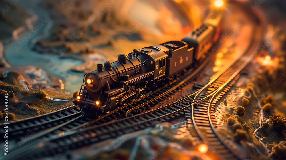 a miniature model of a steam locomotive placed on tracks over an open ...