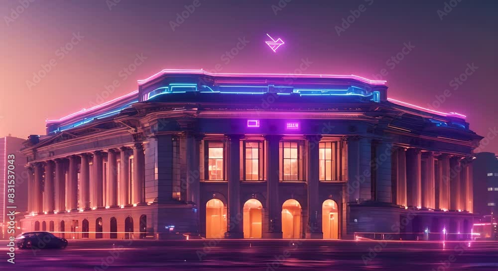 Neoclassical bank building in neonlit virtual cityscape symbolizes ...