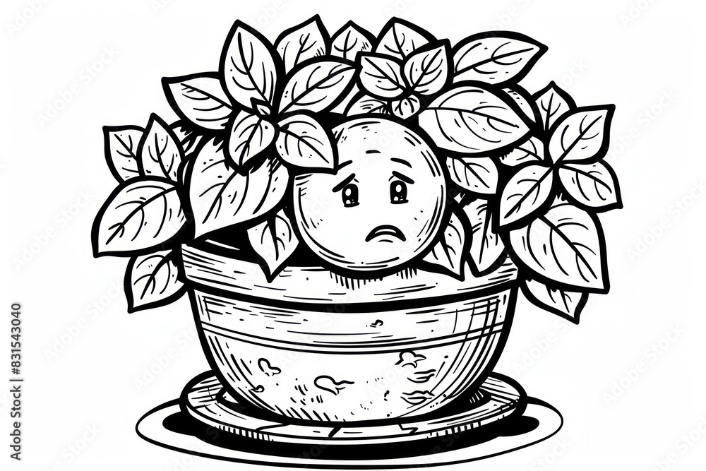 cartoon potted plant with a sad face in black and white illustration ...