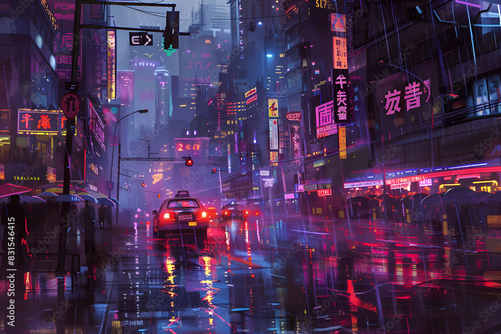 Cyberpunk streets illustration, futuristic city, dystopic artwork at night, 4k wallpaper. Rain ...