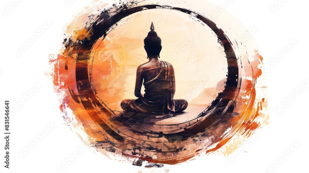 Isolated Buddha sitting zen brush stroke painting in circle for modern ...