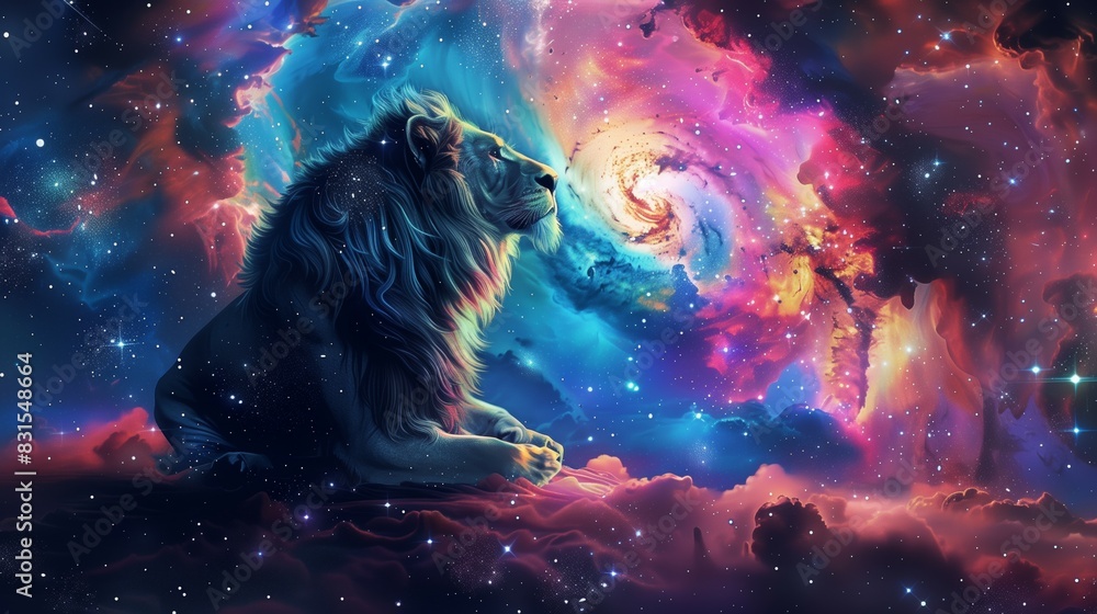 magic fantasy portrait of lion sitting in open space with stars and ...