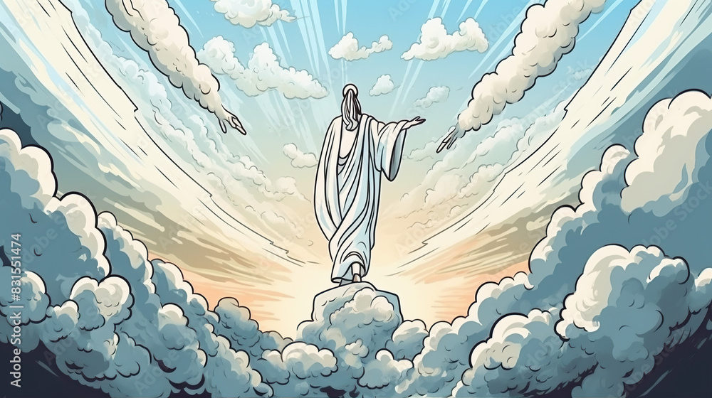 Biblical comic art of God in white with open arms in sky and clouds ...