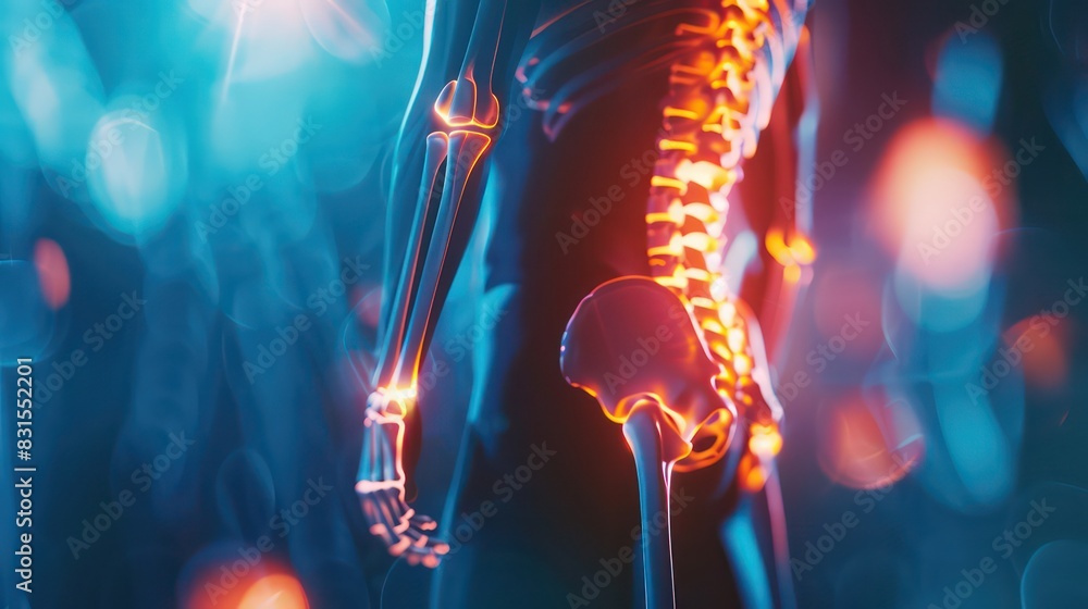 Person with highlighted spine and leg pain lines illustrating back pain ...