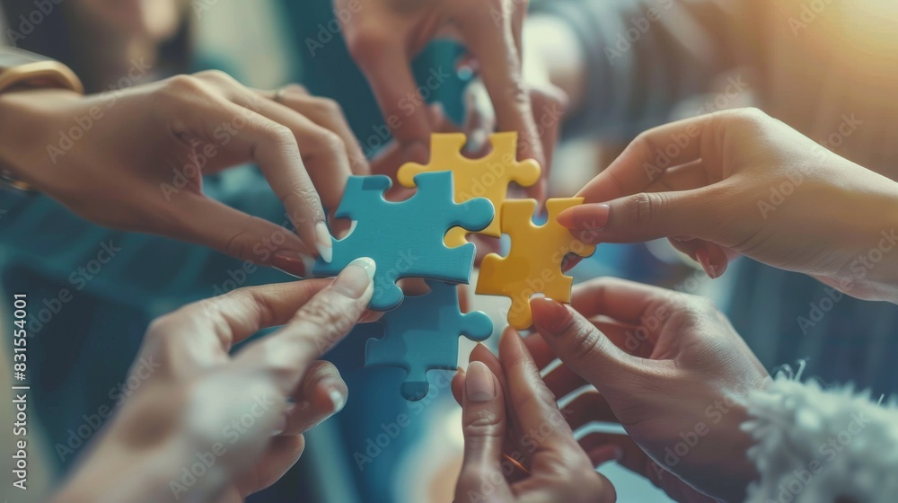 Concept of teamwork and partnership. Hands join puzzle pieces in the ...