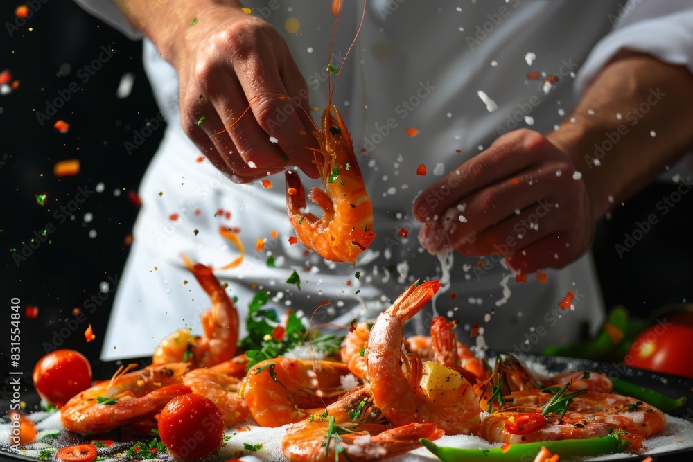 Seafood, frying shrimp with vegetables, a chef on a black background ...