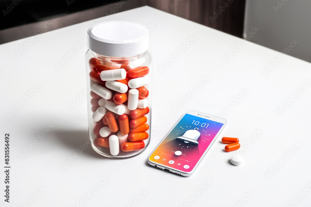 Medical Pill bottle with pills and smartphone. Isolated on white table ...