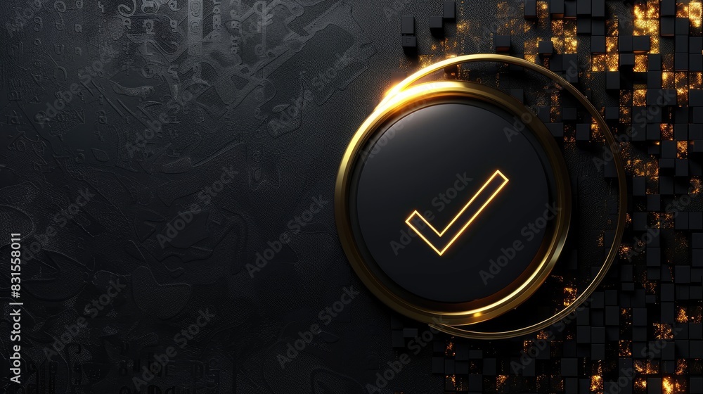 Abstract black background with a golden ring and check mark Stock ...