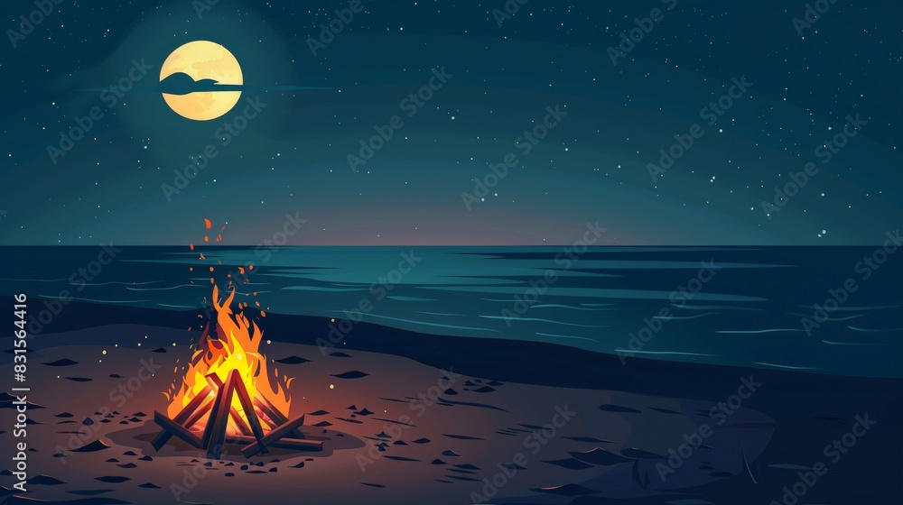 Graphic of a bonfire on the beach flat design side view summer night ...