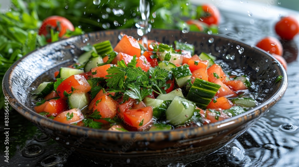 Large bowl of food falling in the air with green background and blue ...