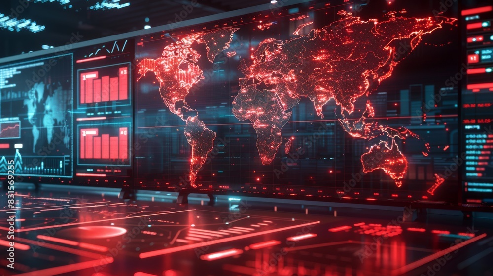 Red Digital World Map On Ai Data Center Screen With Neon Highlights Stock Illustration Adobe Stock
