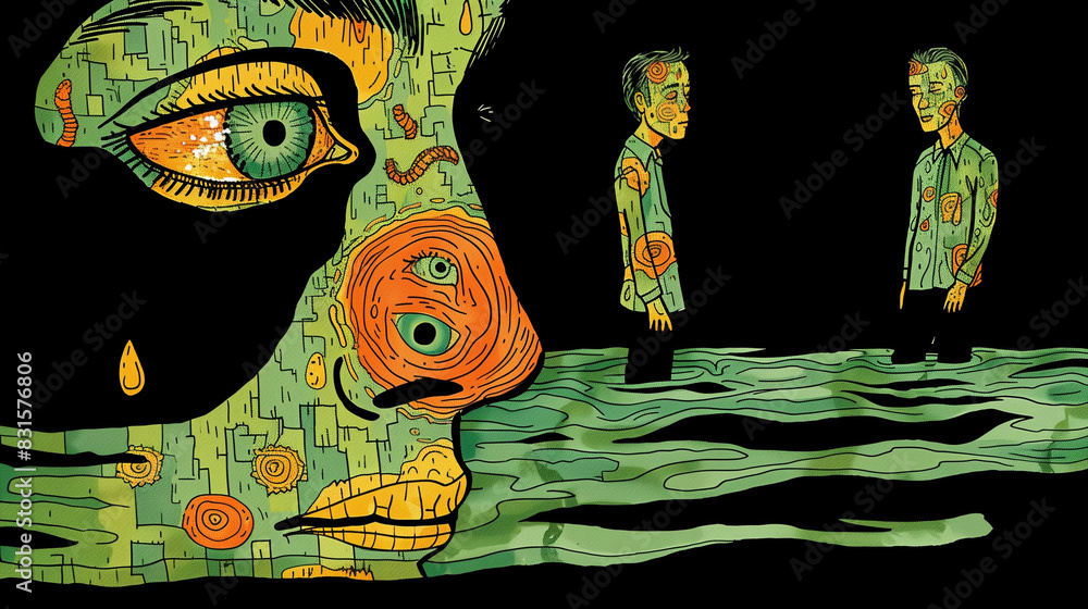 An upside down teardrop on an alien planet, a man covered in an aura ...