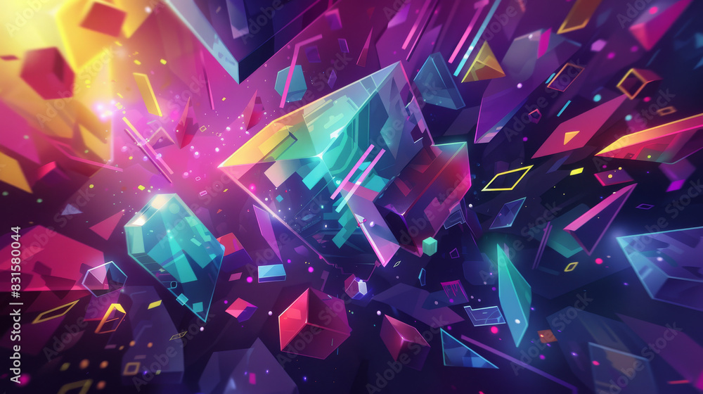 Abstract Digital Art Combining 2d Shapes And 3d Forms With Bright