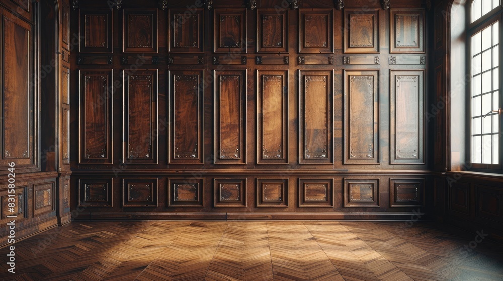 empty room with dark wood paneling and window, Luxury wood paneling background or texture ...