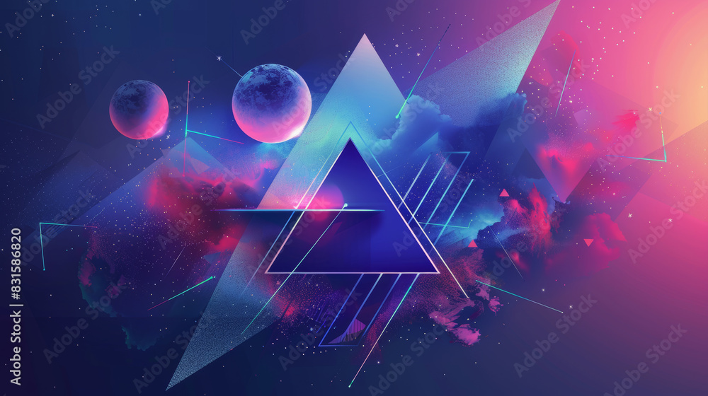 Abstract digital art combining 2D shapes and 3D forms with bright ...