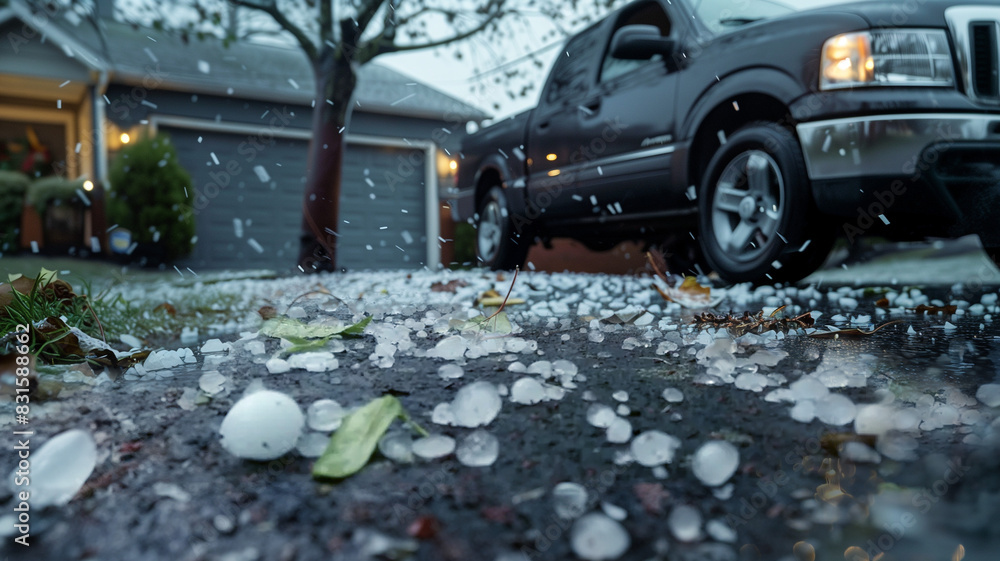 Hail storm on the driveway of a suburban home, black truck parked in ...
