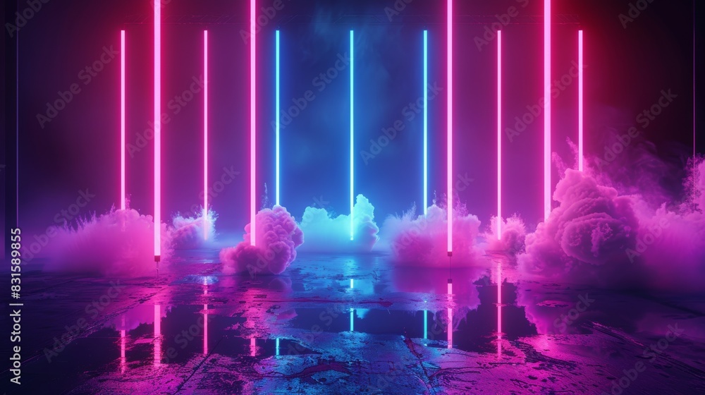Neon lights and smoke create a futuristic and atmospheric scene with ...