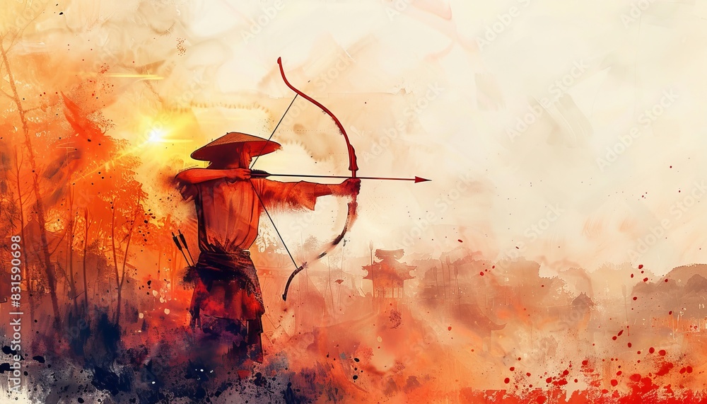 Artistic depiction of a traditional archer with a bow and arrow in a ...