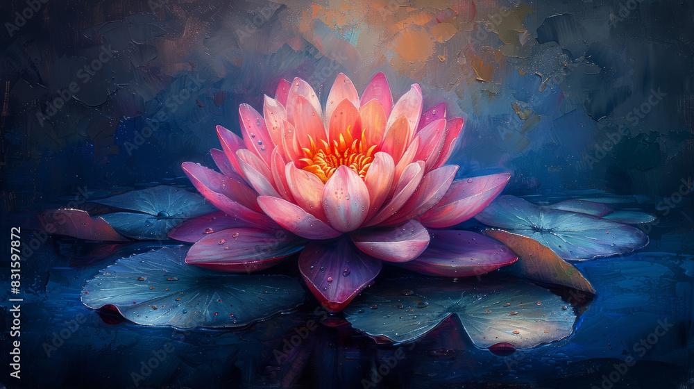 zen lotus painting, vibrant hues and fine details merge in an oil ...