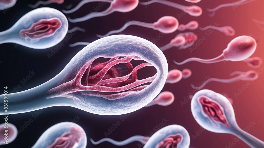 Detailed illustration of swimming sperm cells, focusing on internal ...