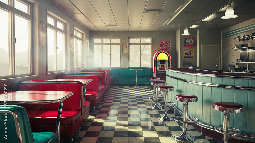 Empty retro-style diner with red booths, checkered floor, and jukebox ...