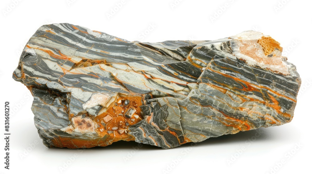 Gneiss metamorphic rock specimen isolated on a white background Stock ...