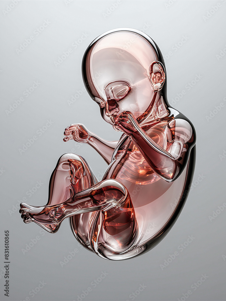Transparent glass sculpture of human fetus in curled position ...