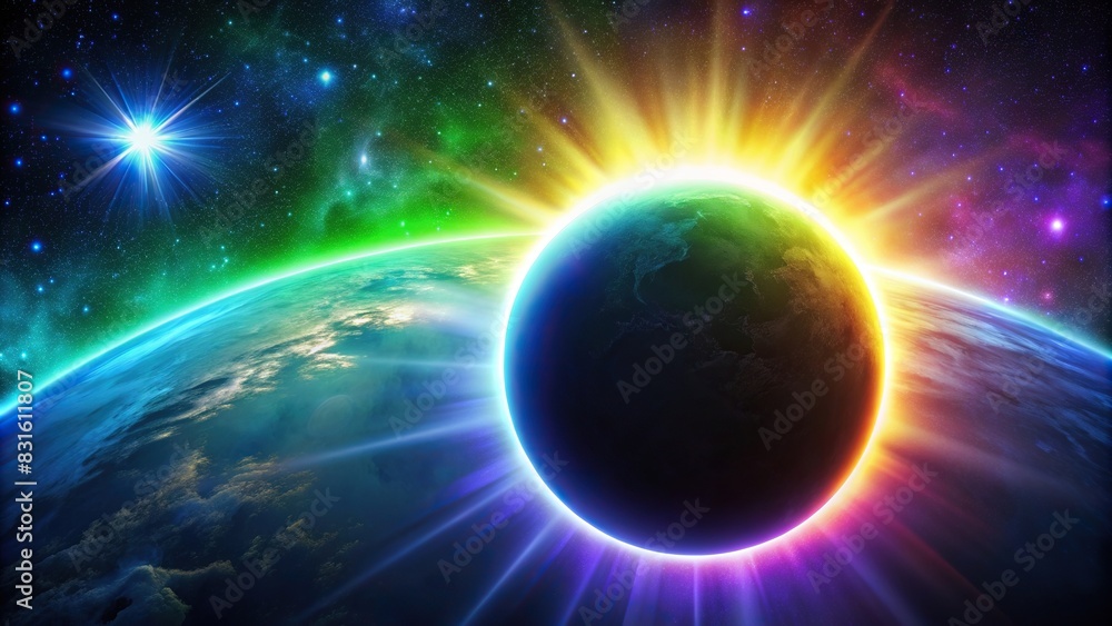 Solar eclipse overlay effect in neon blue, yellow, green, and purple ...