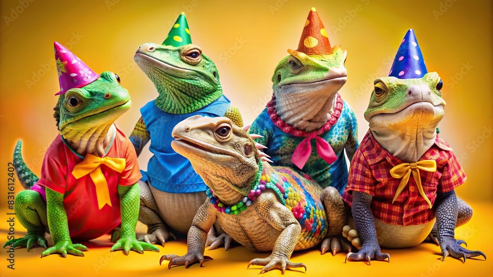 Group of lizard reptiles in funky, wacky, wild mismatch colorful ...