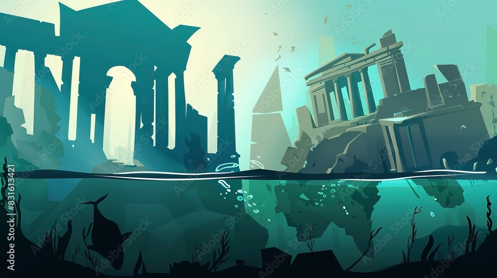 Submerged ruins of Atlantis flat design front view, historical fantasy ...