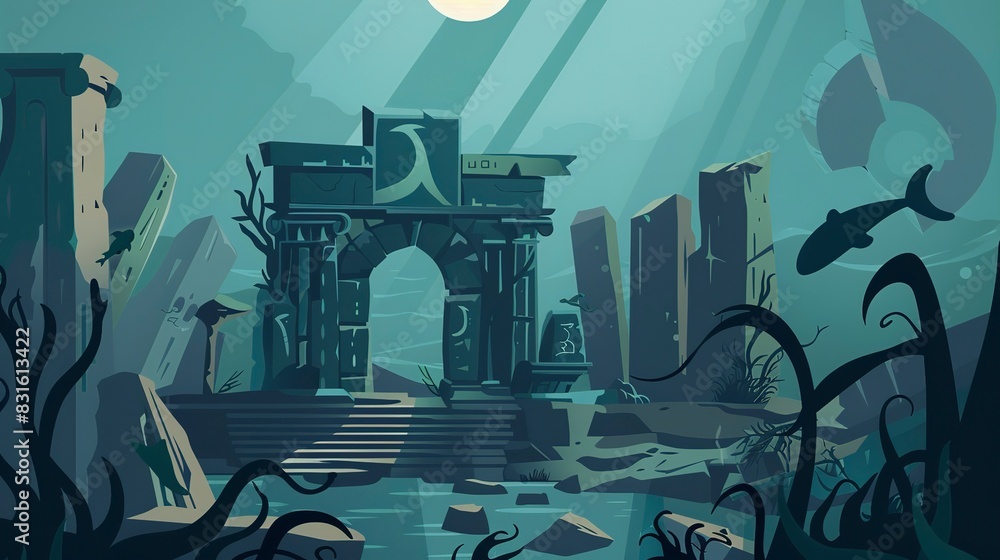 Submerged ruins of Atlantis flat design front view, historical fantasy ...