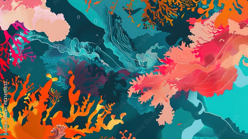 Bio-engineered coral reef flat design side view, futuristic oceans ...