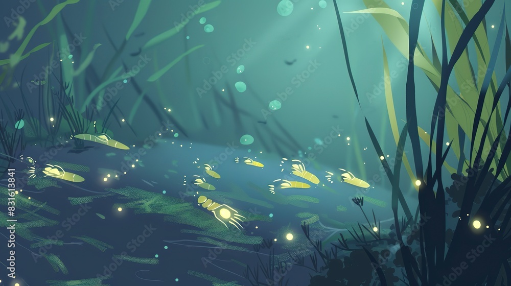Underwater fireflies flat design side view, magical realism, animation ...
