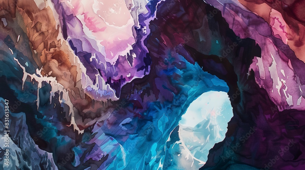 Dreamlike sea cave flat design top view, magical realism, water color ...