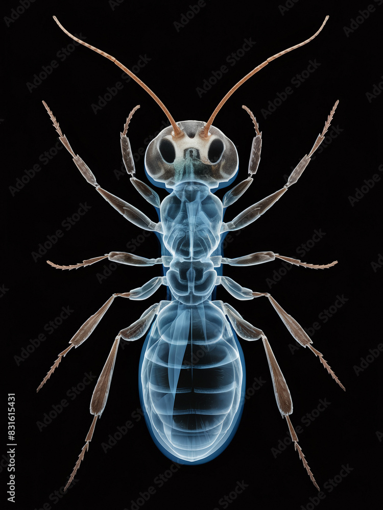 X-ray image of ant showing internal structure on black background ...