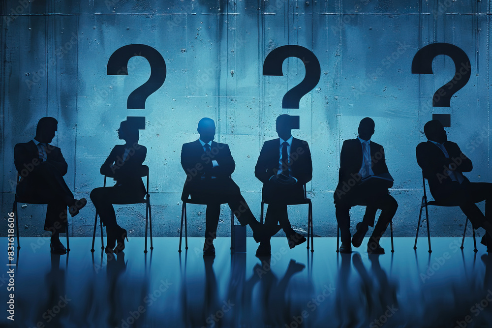 Mysterious silhouetted figures sitting with question marks overhead ...