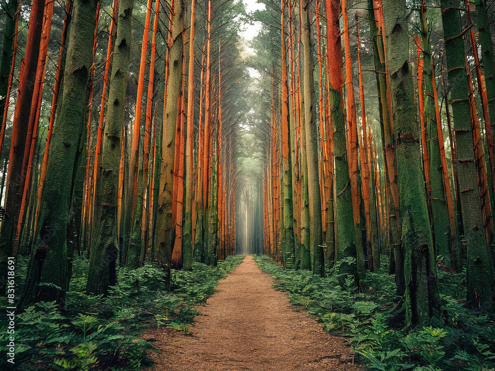 Serene forest path with tall, straight trees boasting reddish-brown ...