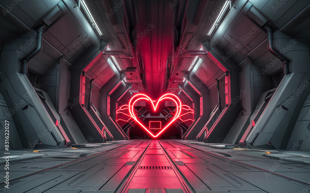 Futuristic corridor with metallic walls and floors, illuminated by neon ...