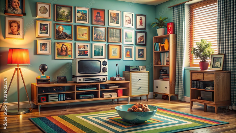 Retro kid's room interior with vintage devices, vhs player, and pop ...