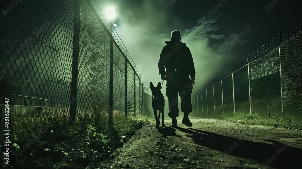 Silhouette male security man guard cop with a Doberman dog goes around ...